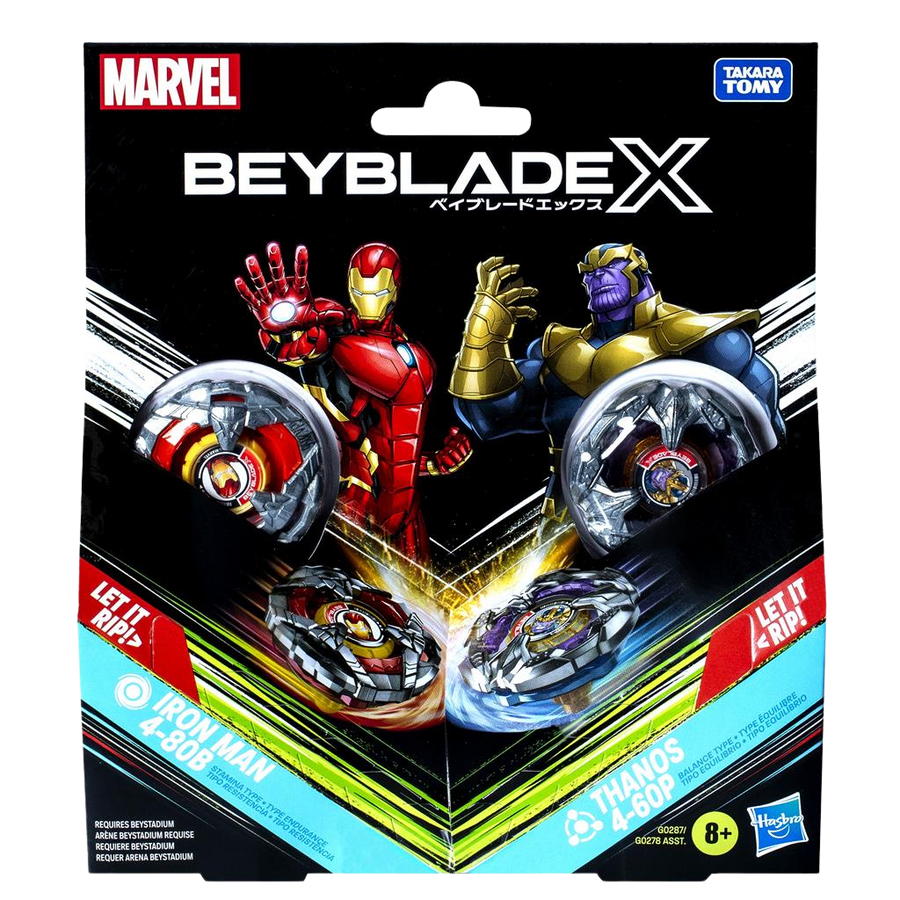 Beyblade X Marvel Collab Iron Man 4-80B vs. Thanos 4-60P – Versus ...